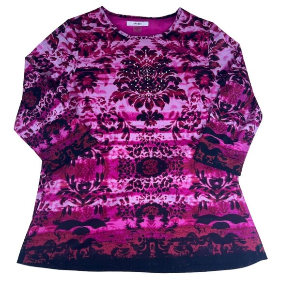 TanJay | Tops | Tanjay Floral Rhinestones Top Womens L Pink Mesh Round ...